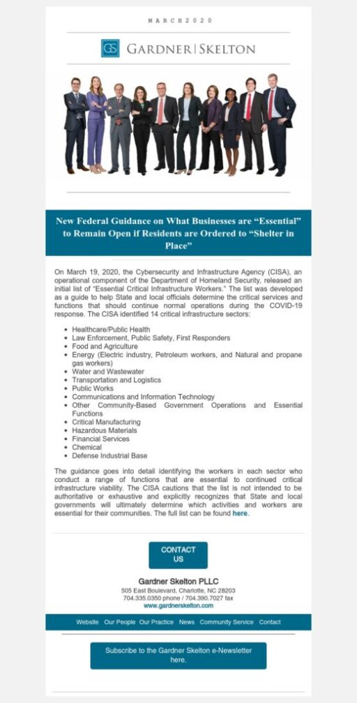 Client Alert: Essential Critical Infrastructure Workers - Gardner Skelton